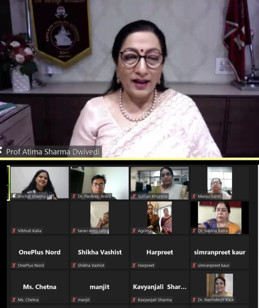 Kanya Maha Vidyalaya KMV Principal Prof. Atima Sharma Dwivedi interacts with the students during ...